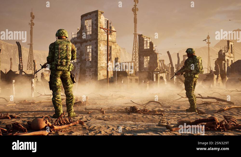 Dystopian, post apocalyptic ruined destroyed city on desert arid Stock ...
