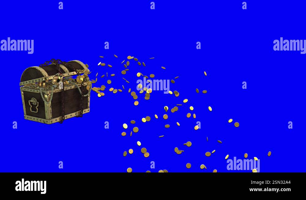 Glowing gold coins thrown out of an old wooden treasure chest and ...