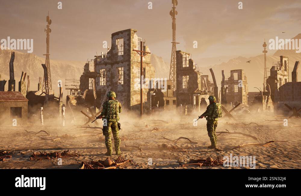 Dystopian, post apocalyptic ruined destroyed city on desert arid Stock ...