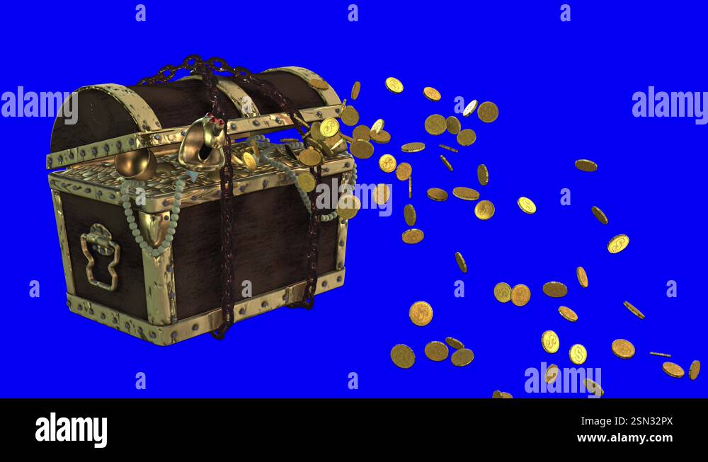 Glowing gold coins thrown out of an old wooden treasure chest and ...