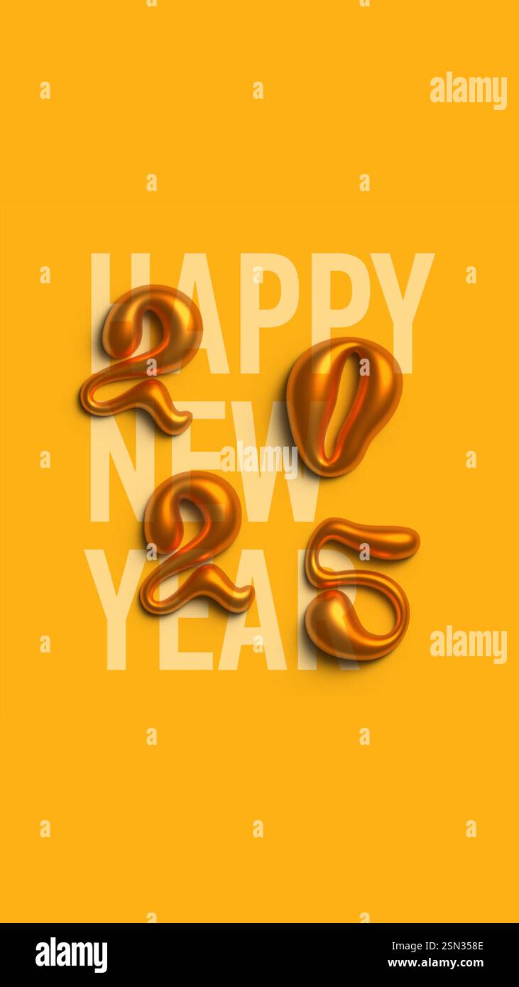 Golden shiny hand drawn volumetric 3D liquid numbers 2025 on yellow ...