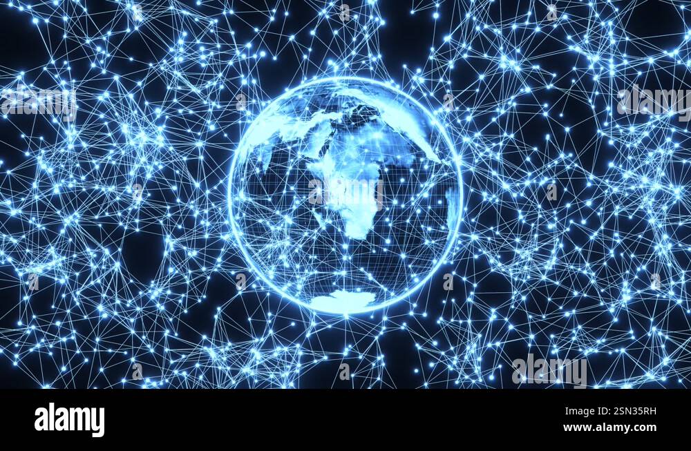 Holographic Earth planet with moving plexus against black background ...