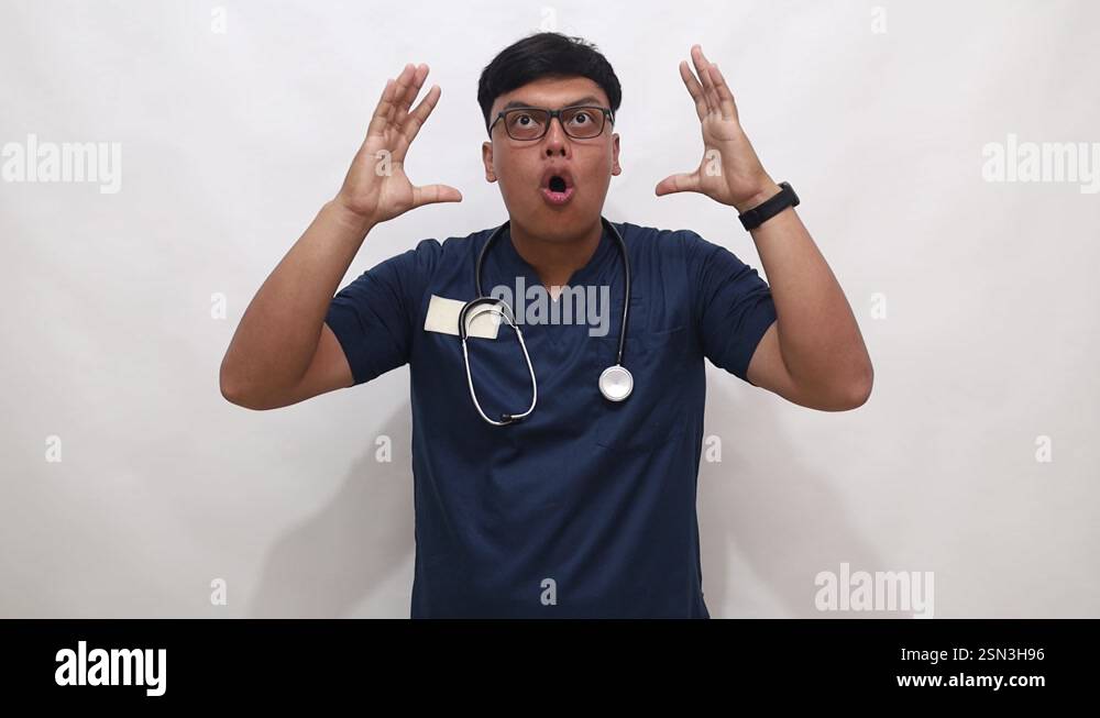 Asian doctor male showing head mind explosion gesture boom brainstorm ...