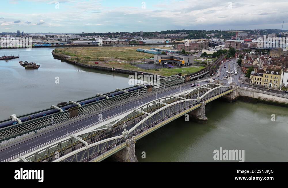 Rochester road and rail bridge Medway Kent UK drone,aerial Stock Video ...