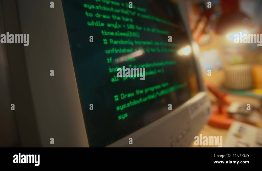Green Programming Code Running on Black Screen on Old Retro Computer ...