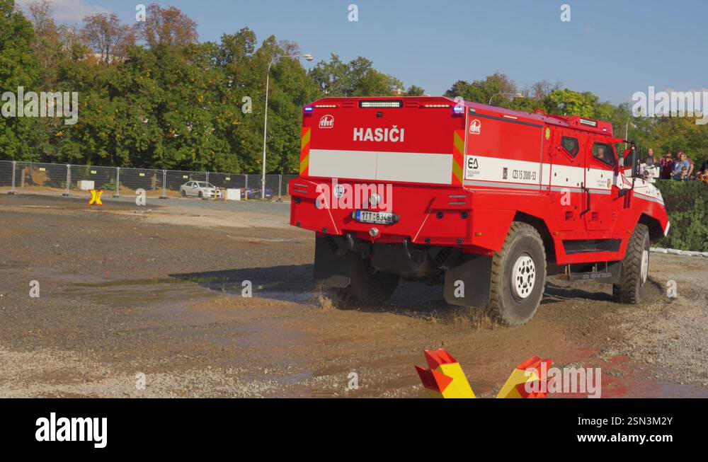 Brno, Czechia - October 08, 2021: Red heavy armoured fire fighting ...