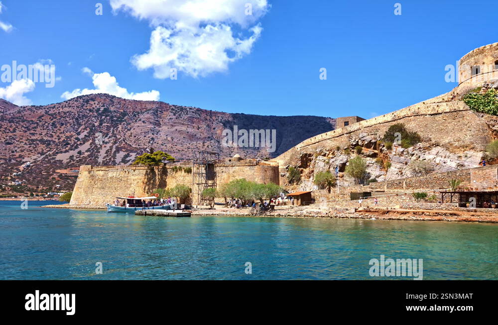 Panoramic sunny coast sea of Cretan peninsula Spinalonga fortress Greek ...