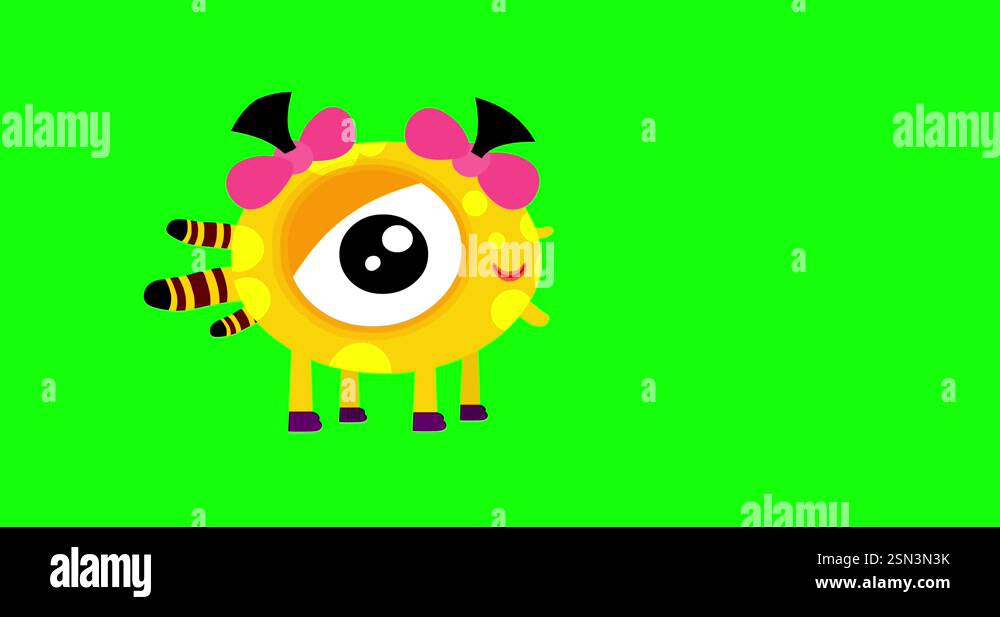 Cartoon monster with ribbons walking one step greenbox Stock Video ...