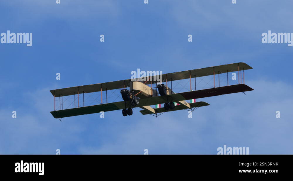 WWI Italian Caproni Ca.3 Bomber Flying in Blue Sky, Viewed from Below ...