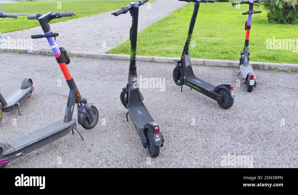 Electric scooter parking in city centre. Electric scooter rental ...