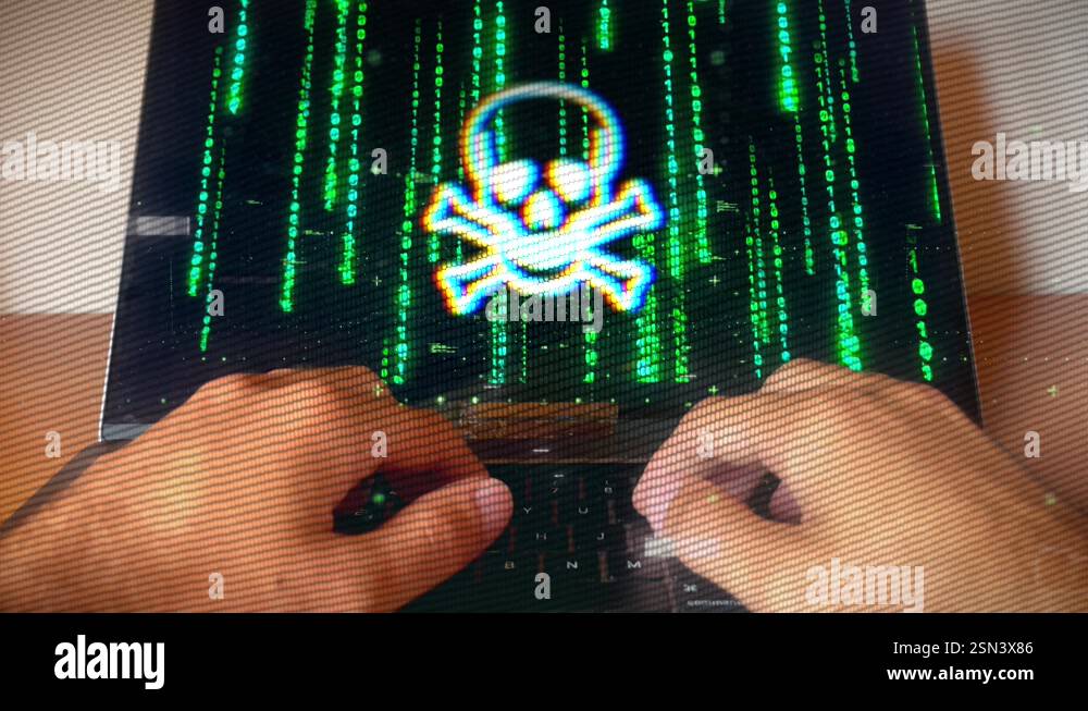 Hacker typing as malware warning symbol displays on screen Stock Video ...