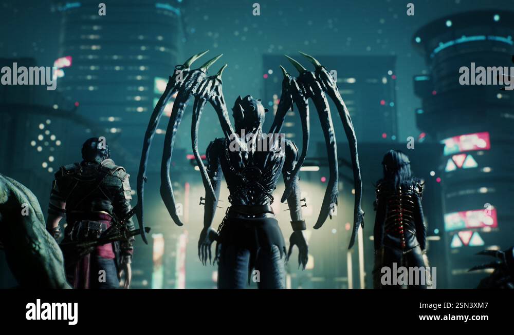 Monstrous vampire prowls through the dark forest under a starlit night ...