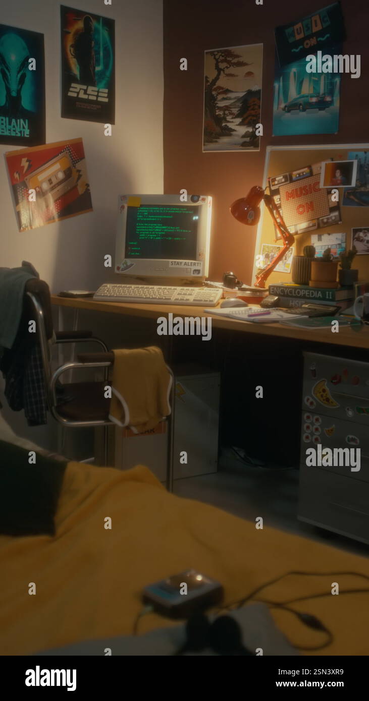 Vertical of Teenagers Workspace with Retro Computer and Posters on ...