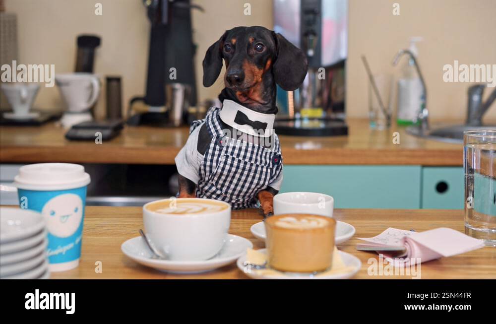 Dog barista behind bar counter elegant waiter mugs with coffee cafe ...