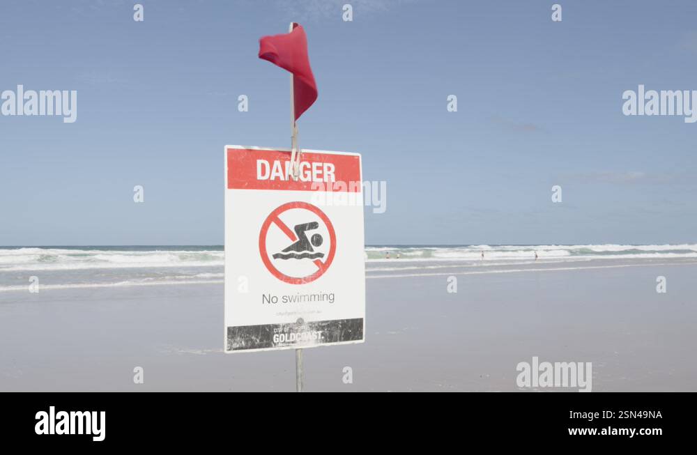 No swimming sign, danger at the beach, swim forbidden zone ocean, red ...