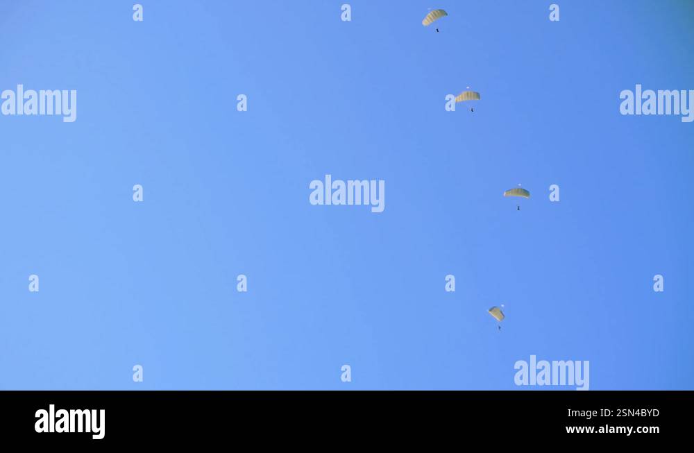 military paratroopers descends in vertical, single-file formation under ...