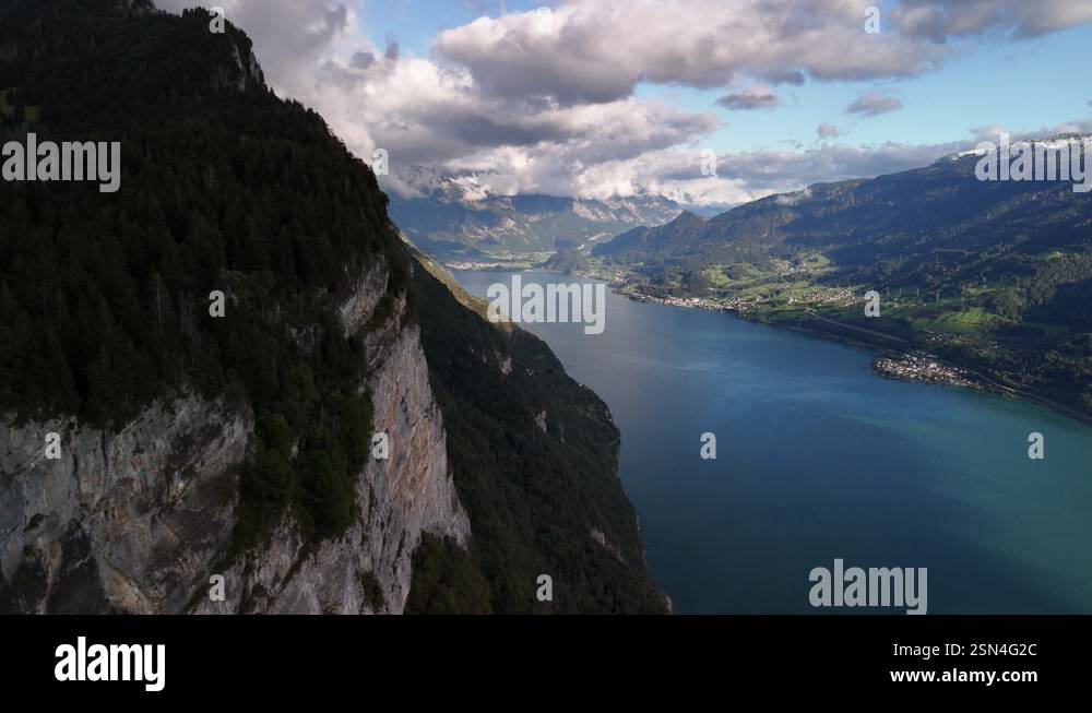 Swiss Mountain cliff Walensee Lake Switzerland Amden nature aerial ...