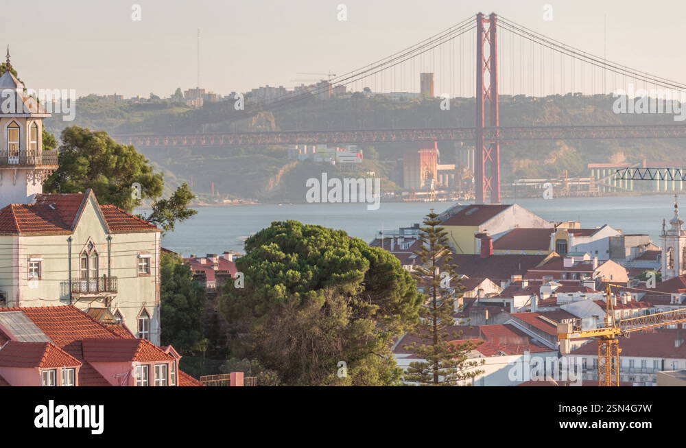 Lisbon rooftop with Tagus River and Ponte 25 de Abril aerial timelapse ...