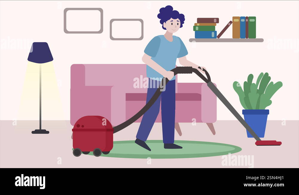 Looped cartoon animation showing a woman using a vacuum cleaner to ...