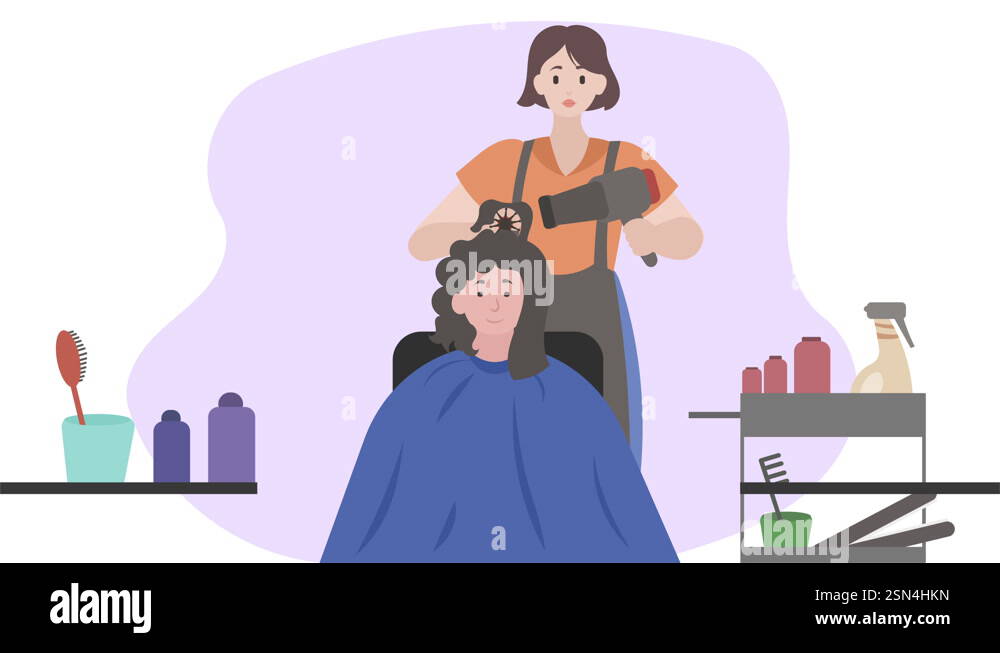 2d cartoon loop animation of a hairdresser blow-drying a woman's hair ...