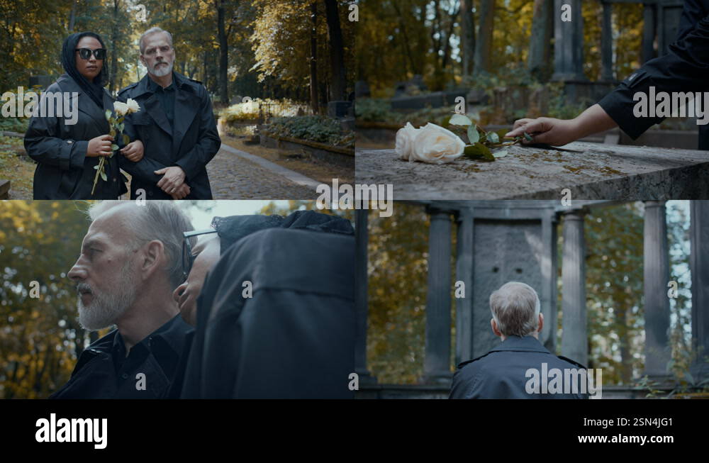 Split Screen of Couple Visiting Cemetery, Mourning and Bringing Flowers ...