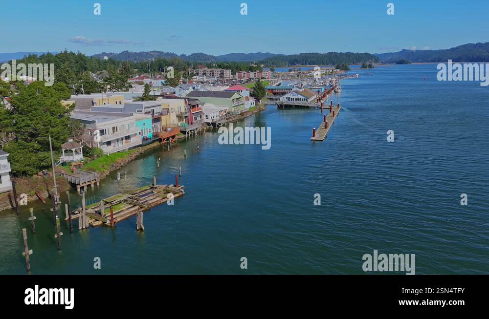 Florence Oregon Coast Downtown Siuslaw River Docks Aerial Video Zoom In ...