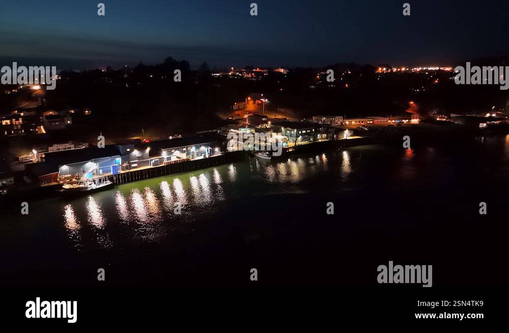 Port of Newport Oregon Coast Yaquina Bay Aerial Video Night Zoom In ...