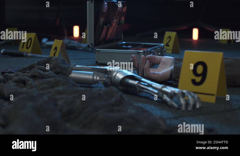 Fantastic crime scene with evidence like robot hands and human hand of ...