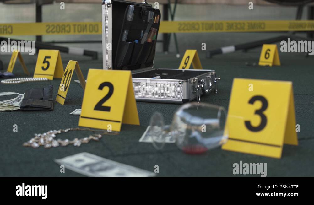 Crime scene of failed robbery of wealthy apartment. Evidence tags ...
