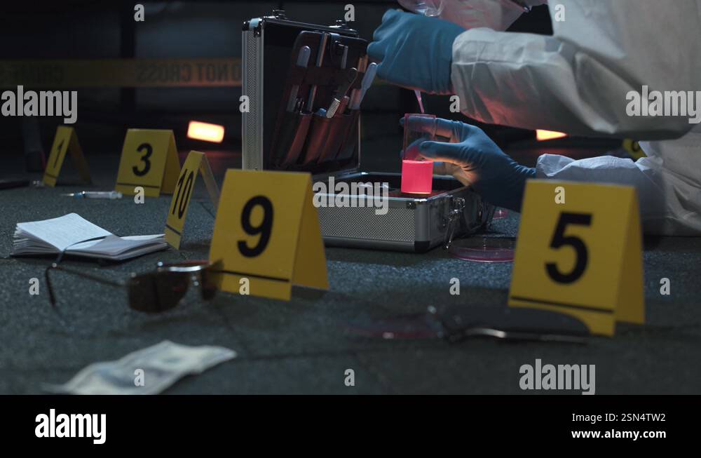 Forensic expert working at crime scene of drug dealer murder. Many ...