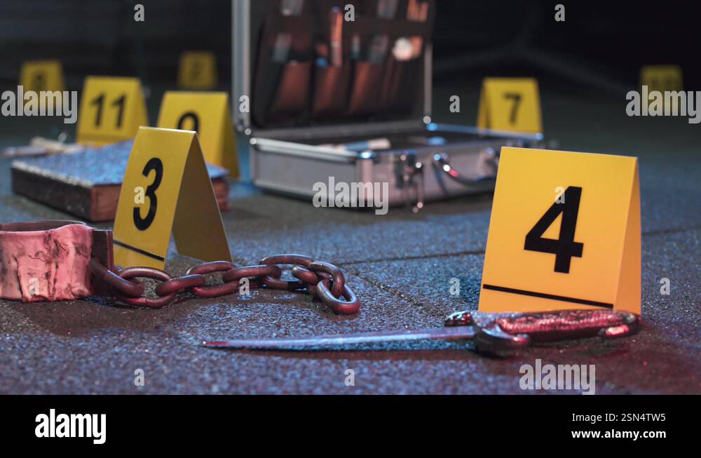 Ritualistic crime scene with occult clues. Lots of evidence tags ...