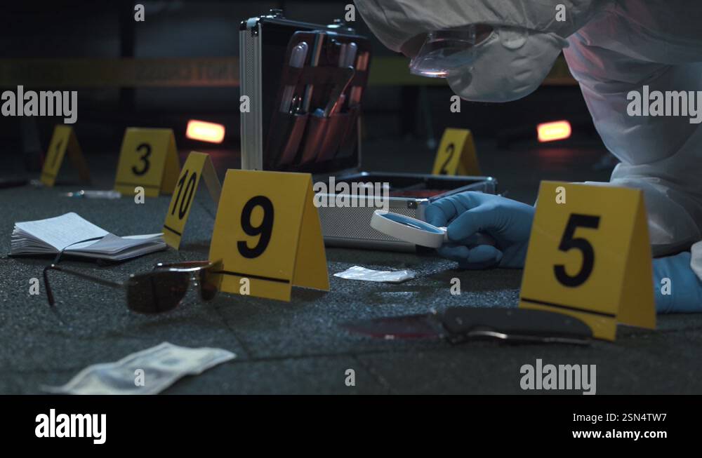 Forensic expert working at crime scene of drug dealer murder. Many ...