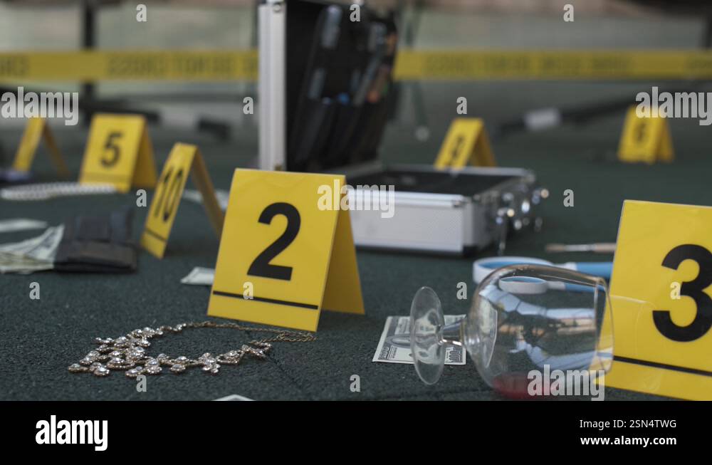 Crime scene of failed robbery of wealthy apartment. Evidence tags ...