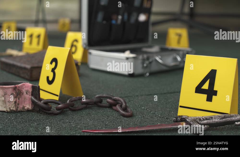Ritualistic crime scene with occult clues. Lots of evidence tags ...