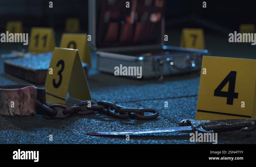 Ritualistic crime scene with occult clues. Lots of evidence tags ...