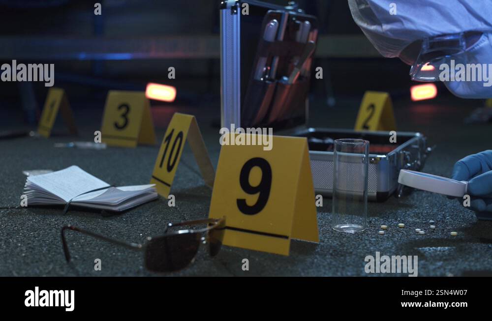 Forensic expert working at crime scene of drug dealer murder. Many ...