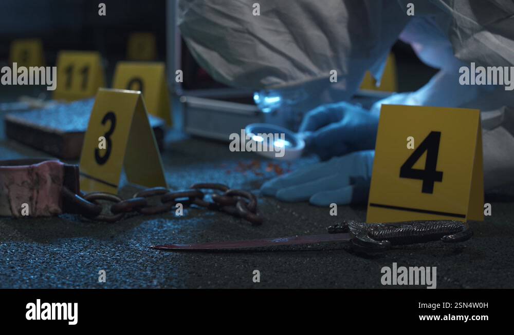 Forensic expert hard working at ritualistic crime scene with occult ...