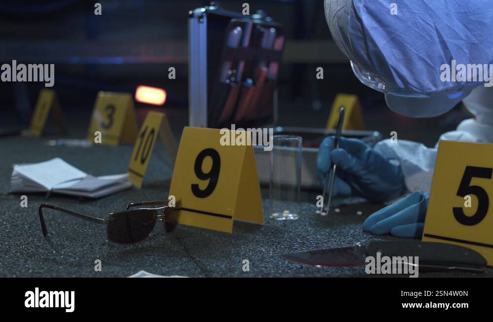 Forensic expert working at crime scene of drug dealer murder. Many ...
