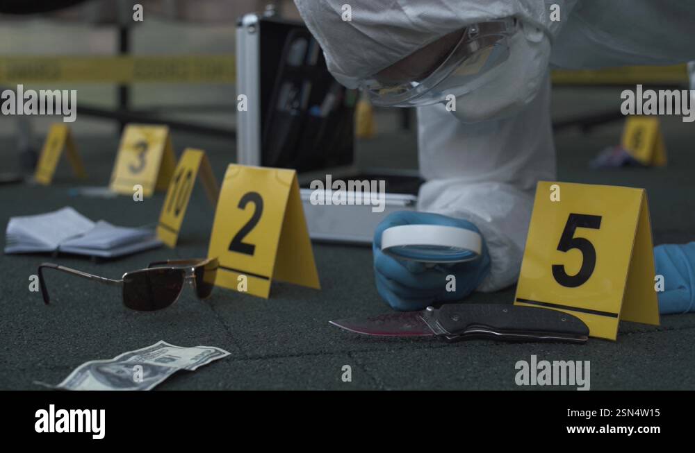 Forensic expert working at crime scene of drug dealer murder. Many ...