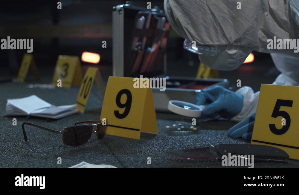 Forensic expert working at crime scene of drug dealer murder. Many ...