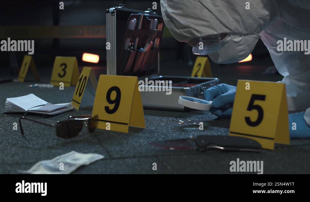 Forensic expert working at crime scene of drug dealer murder. Many ...