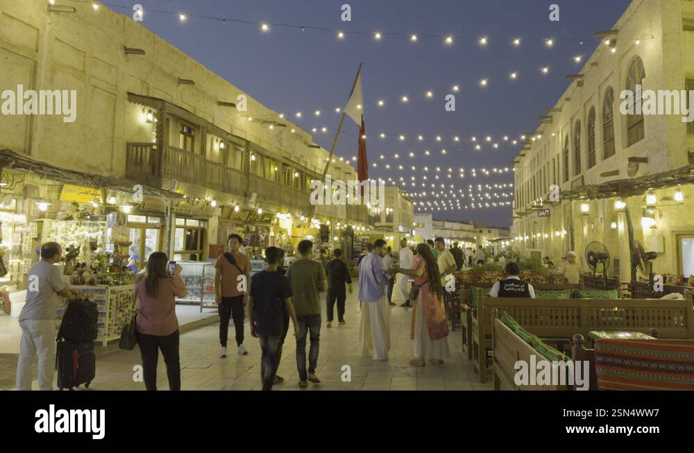 Doha, Qatar - 09/07/2024: Cultural Village at night, with people ...