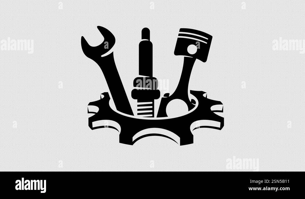 Autoparts in gear, piston, spark plug and wrench, graphic animation ...