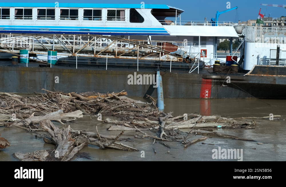 River floating debris accumulating near docked tourist ship Stock Video ...