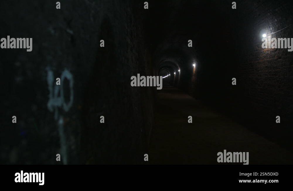 A dark tunnel with brick walls stretches into the distance, illuminated ...