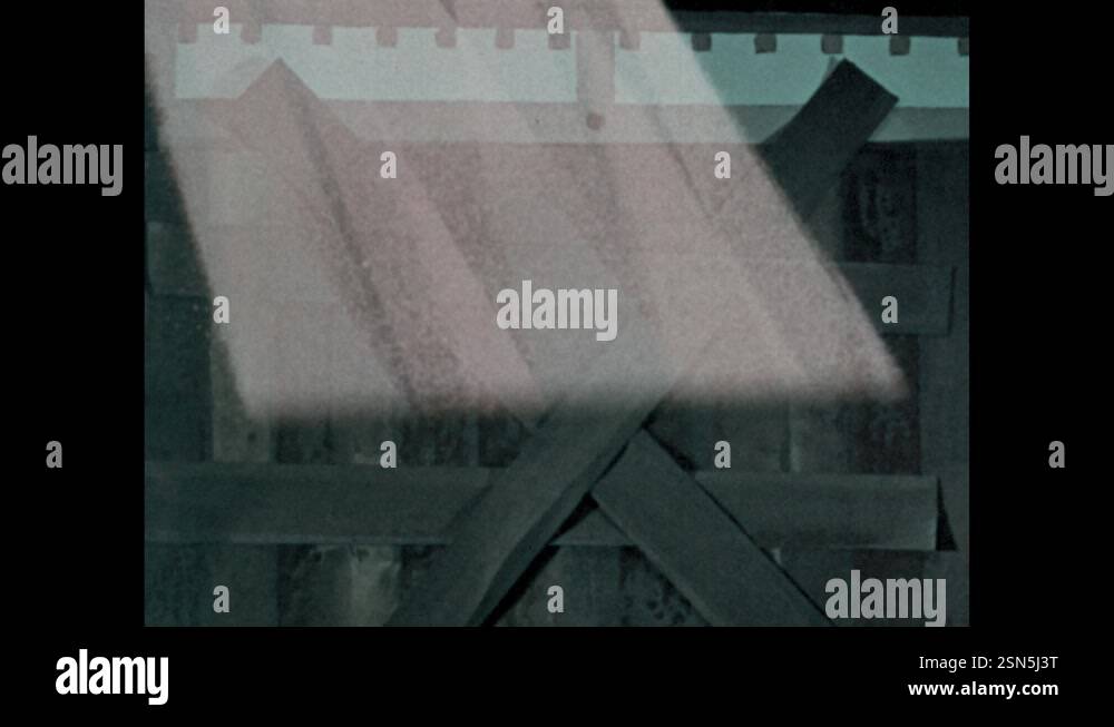 Japan 1960s: Animated retinue surround a horse on a cloud. Beam of ...
