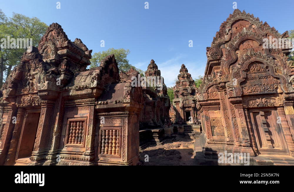Fixed shot of the entrance temples of Banteay Srei, a 10th-century ...