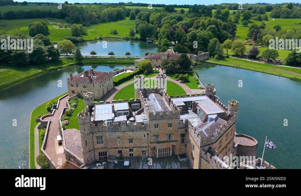 British tourist destination, castle grounds, water moat surround ...