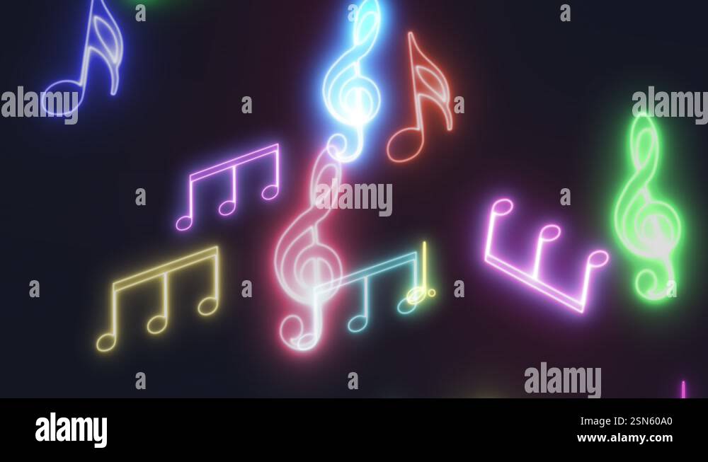 Colorful neon music symbols (treble clefs, notes, other musical ...