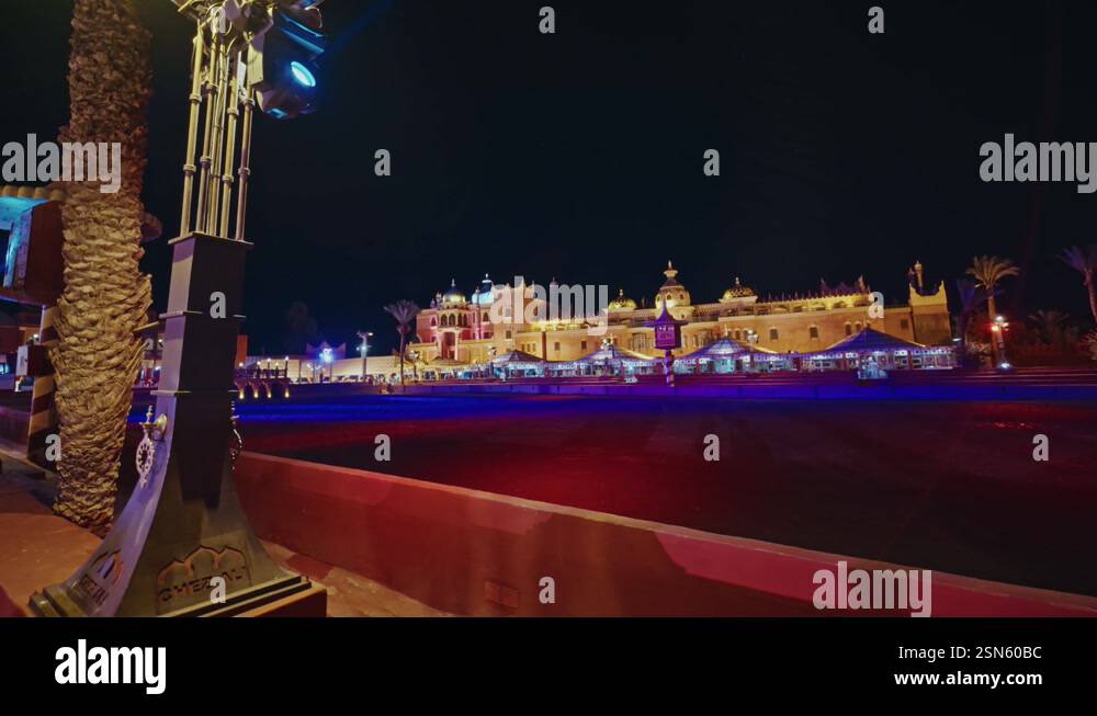Marrakesh, Morocco - 10/05/2024: Panoramic view of Chez Ali at night in ...
